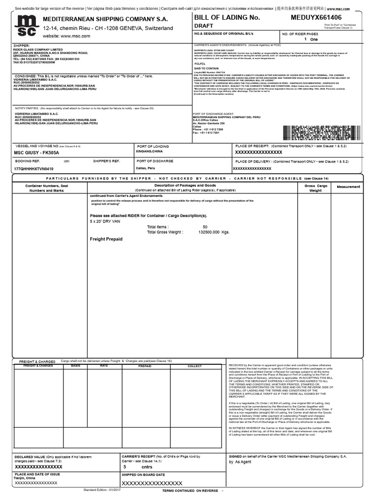 MBL MSC RG-57677-25 DOC - Removed | PDF | Bill Of Lading | Cargo