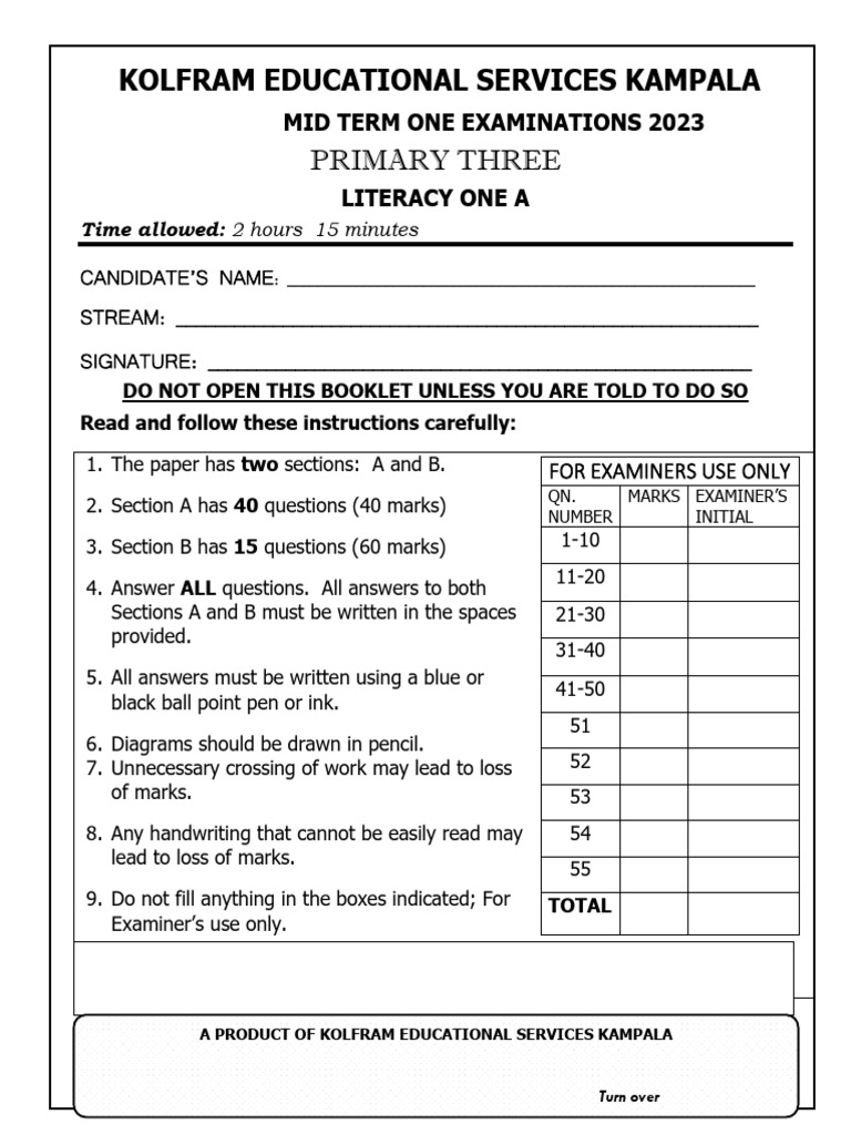Primary Three Literacy Exam 2023 | PDF | Soil | Water