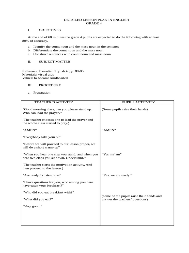 Detailed Lesson Plan in English 4 | PDF | Quantity | Noun
