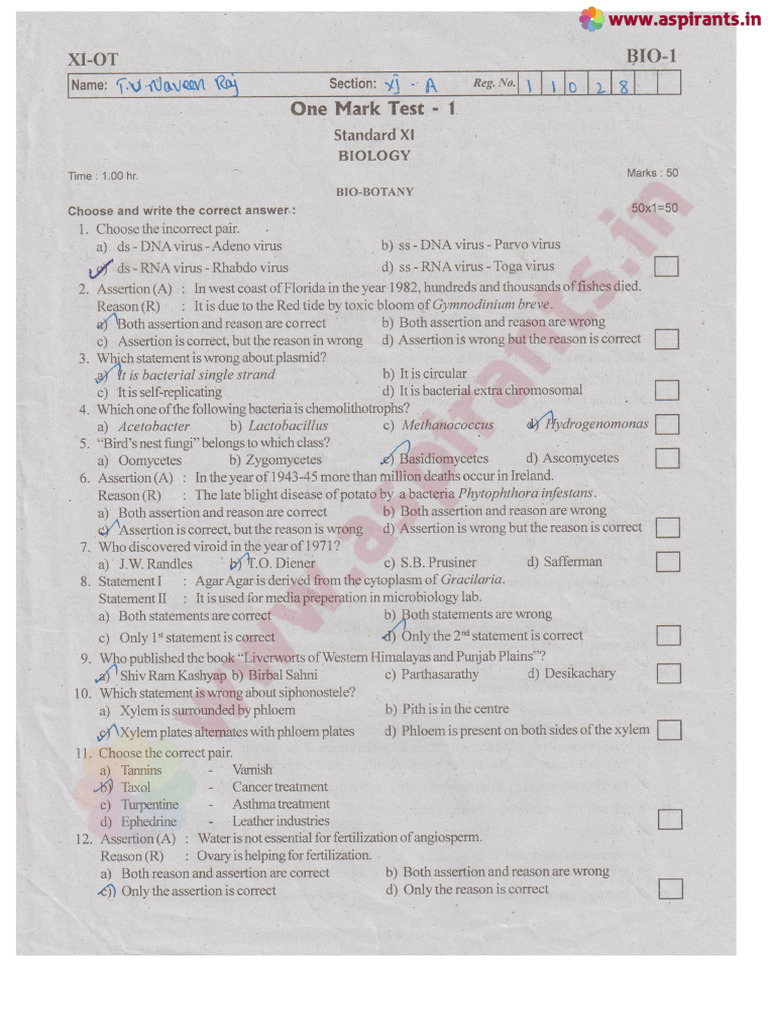 Aspirants AS1143 11th Biology One Marks Question Paper | PDF