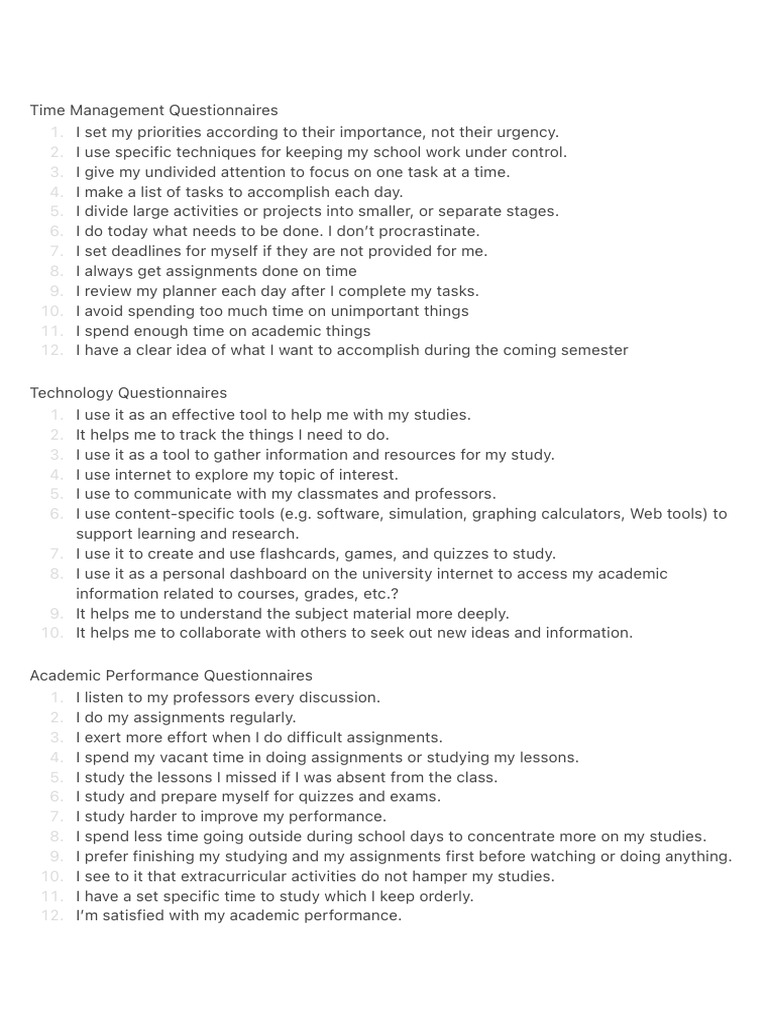 Time Management Questionnaires | PDF | Time Management | Professional ...
