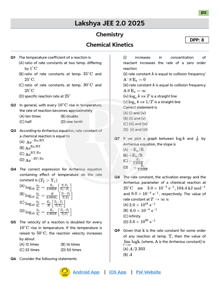 Chemical Kinetics DPP 08 (Of Lec 11) Lakshya JEE 2.0 2025 | PDF | Reaction Rate | Reaction Rate ...