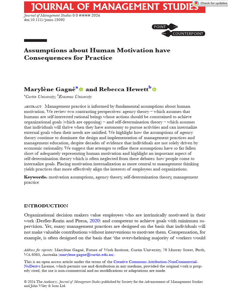 J Management Studies - 2024 - Gagné - Assumptions About Human ...