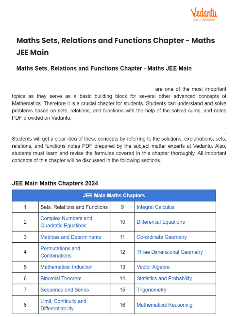 Maths Sets, Relations and Functions Chapter - Maths JEE Main | PDF