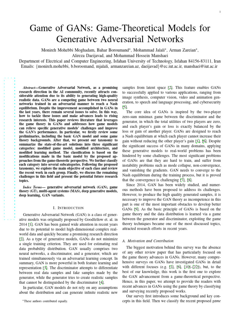 Game of GANs Game Theoretical Models For Generativ | PDF | Game Theory | Artificial Intelligence