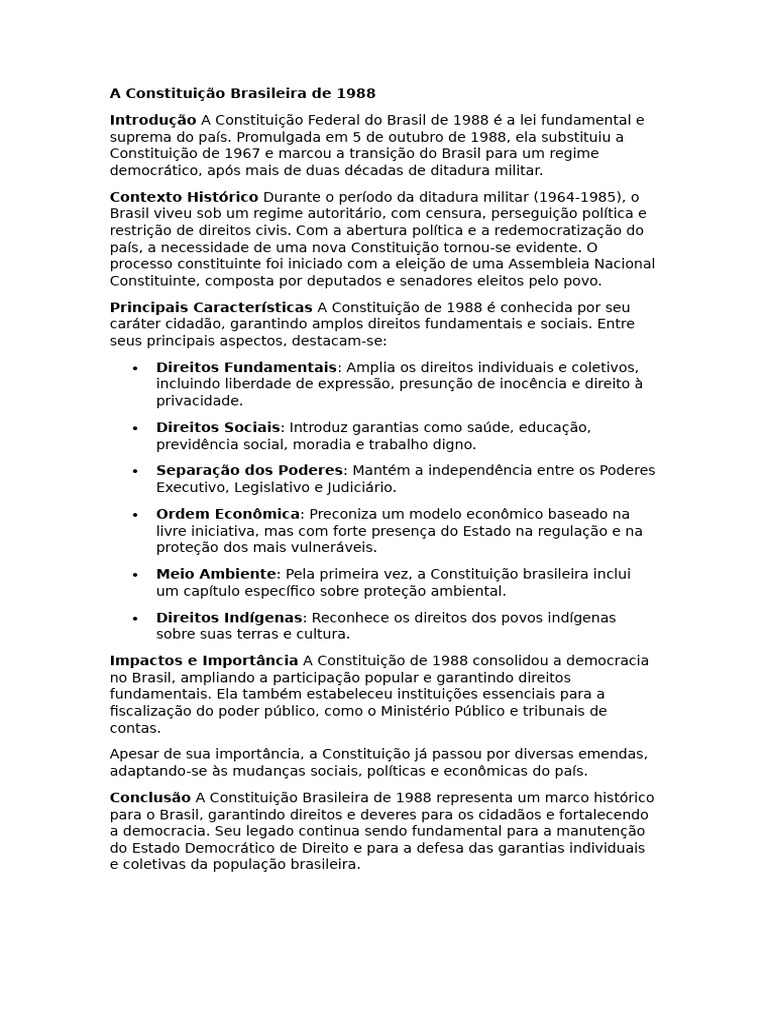 Constituição Brasileira de 1988: Marco Democrático | PDF