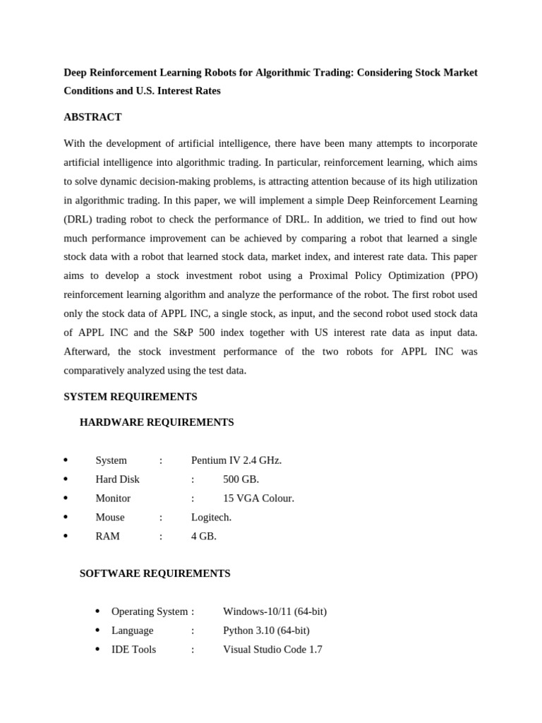 Deep Reinforcement Learning Robots For Algorithmic Trading | PDF