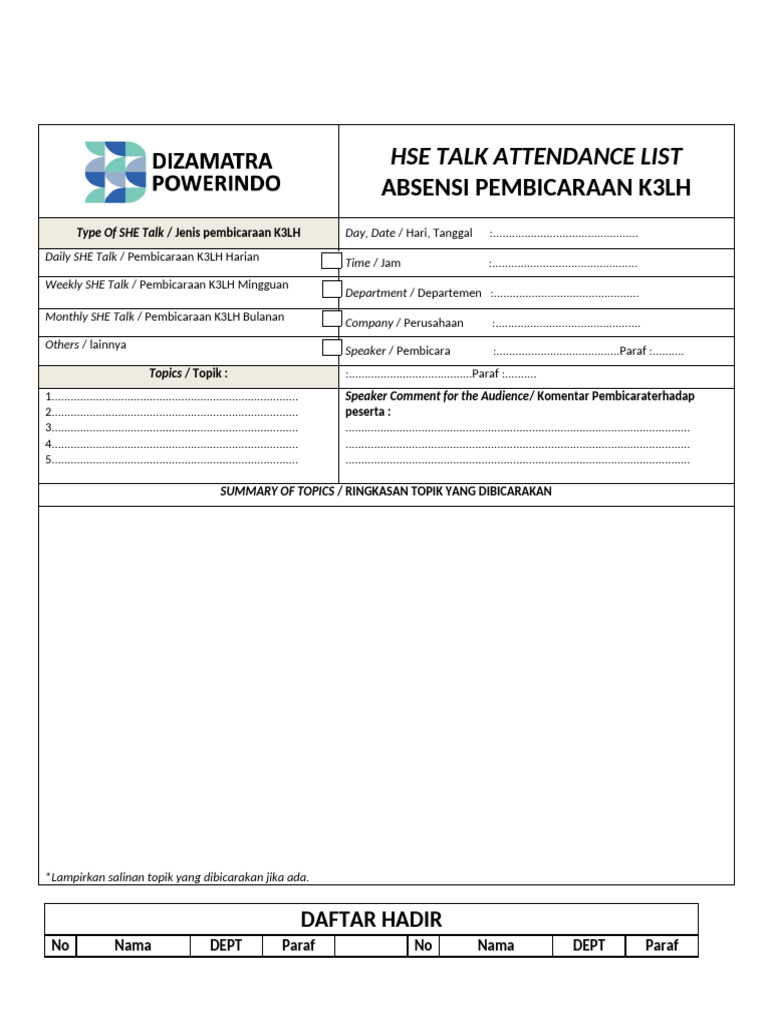 Absensi Safety Talk-Weekly Meeting | PDF