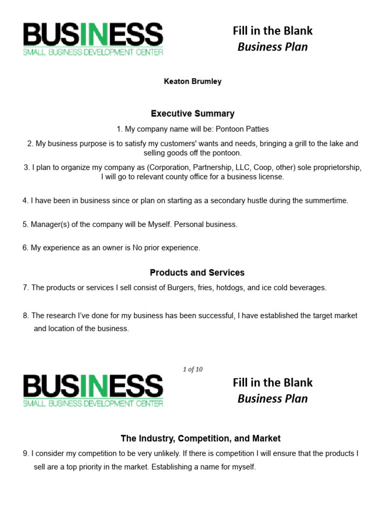 Business Plan Fill in Form | PDF | Cost Of Goods Sold | Business