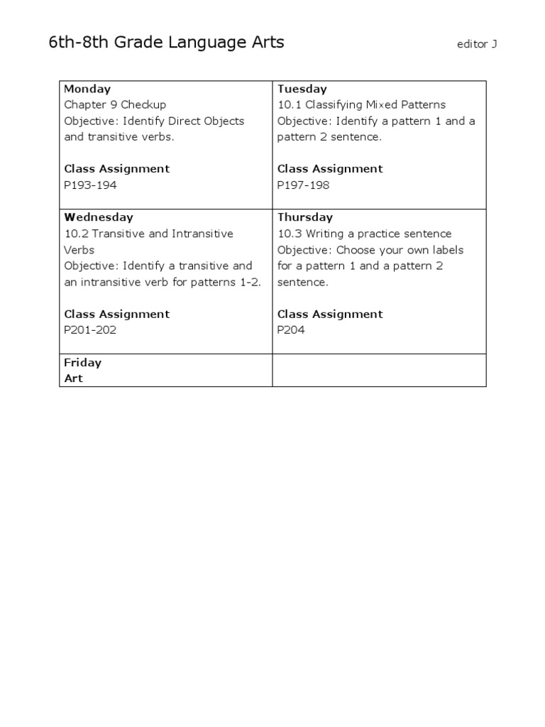 6th-8th Grade Language Arts Weekly Plan | PDF