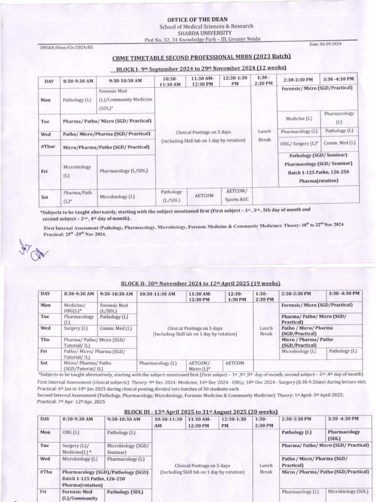 CBME Time Table II Prof MBBS Batch - 2023 | PDF | Medical Specialties | Pathology