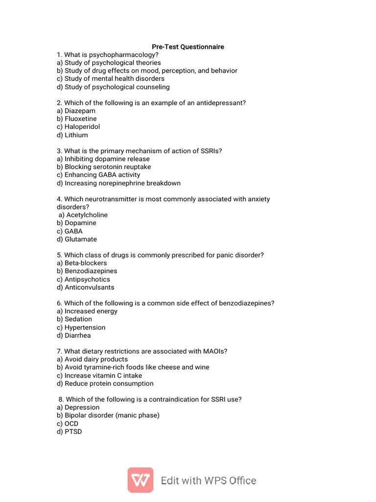 Psychopharmacology Pre-Test Questionnaire | PDF