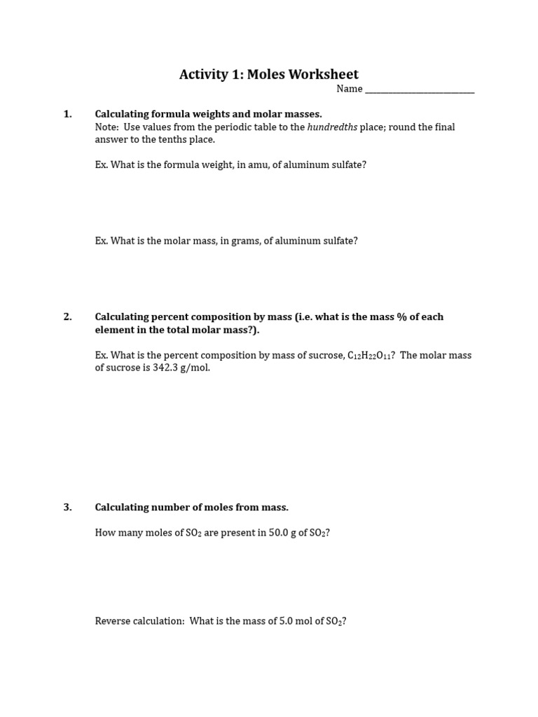 Activity 1 - Moles Worksheet | PDF | Mole (Unit) | Iron