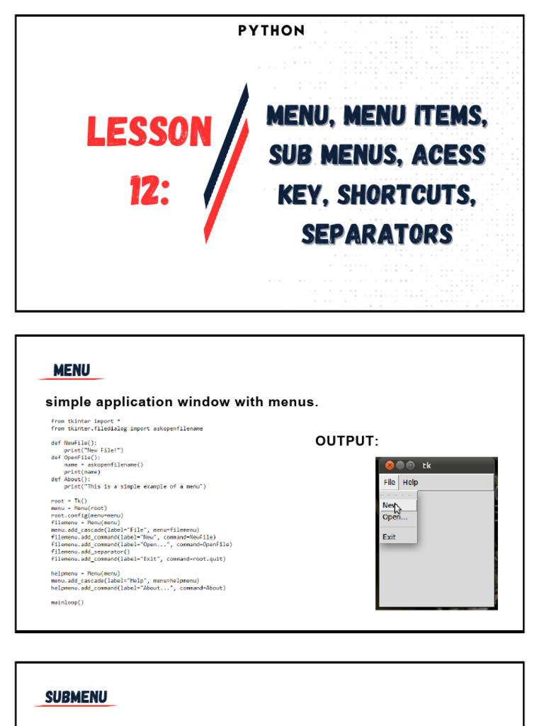 Python - 8-Menu, Menu Items, Sub Menus, Acess Key, Shortcuts ...
