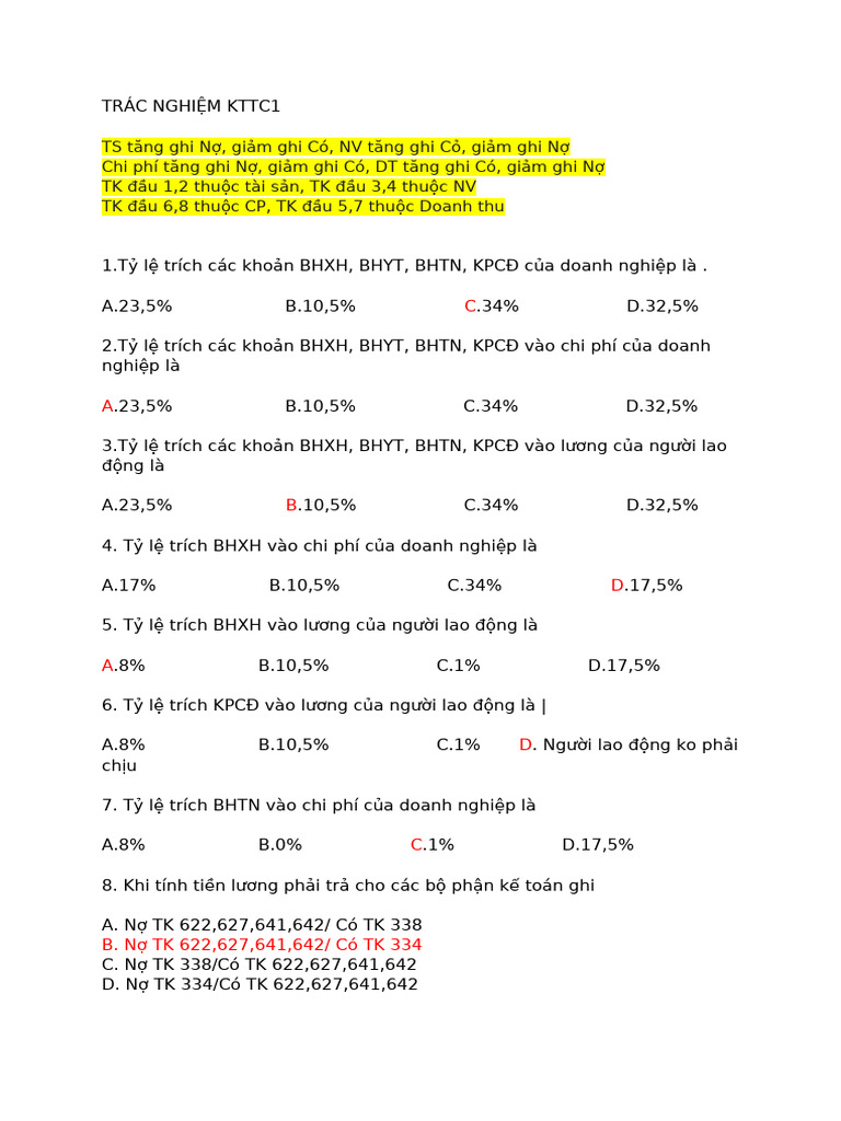 TRÁC NGHIỆM KTTC1 | PDF