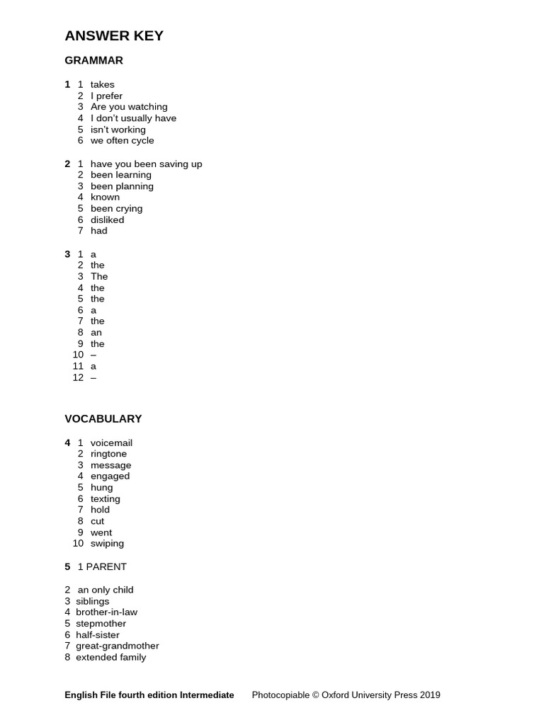 English File Intermediate Answer Key | PDF