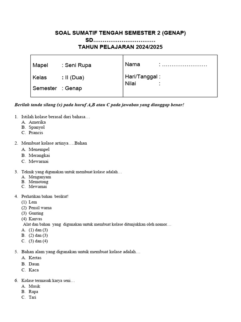 STS Seni Rupa Semester 2 Kelas 2 | PDF