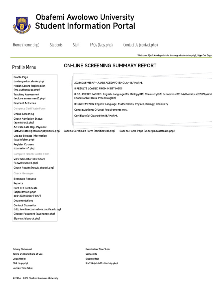 Obafemi Awolowo University - Certificate Form | PDF