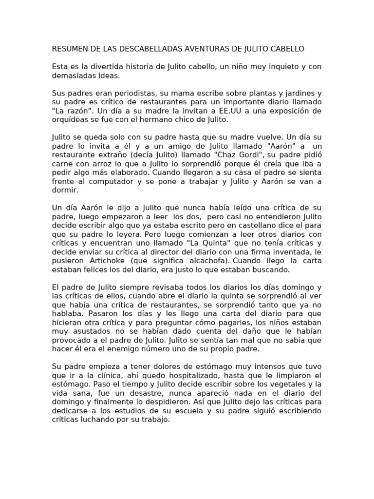 Resumen de Las Descabelladas Aventuras de Julito Cabello | PDF