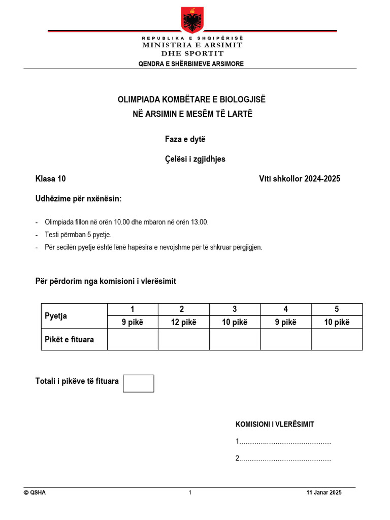 Olimpiada - Klasa 10 - 2024 2025 Celesi I Zgjidhjes Biologji | PDF