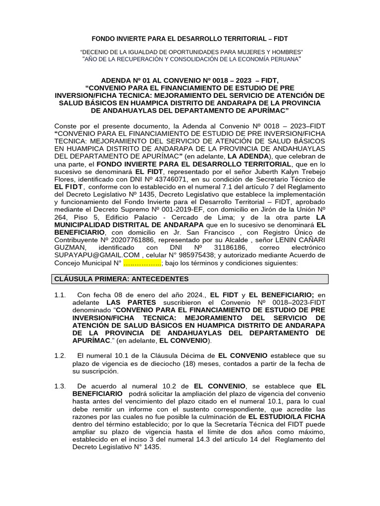 Modelo - Adenda - Convenios FIDT 2023 - Est - FT (1) (2) Okok | PDF