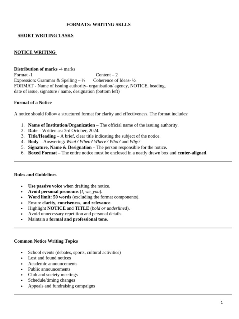 Notice Writing Format for Class 12 | PDF | Flood