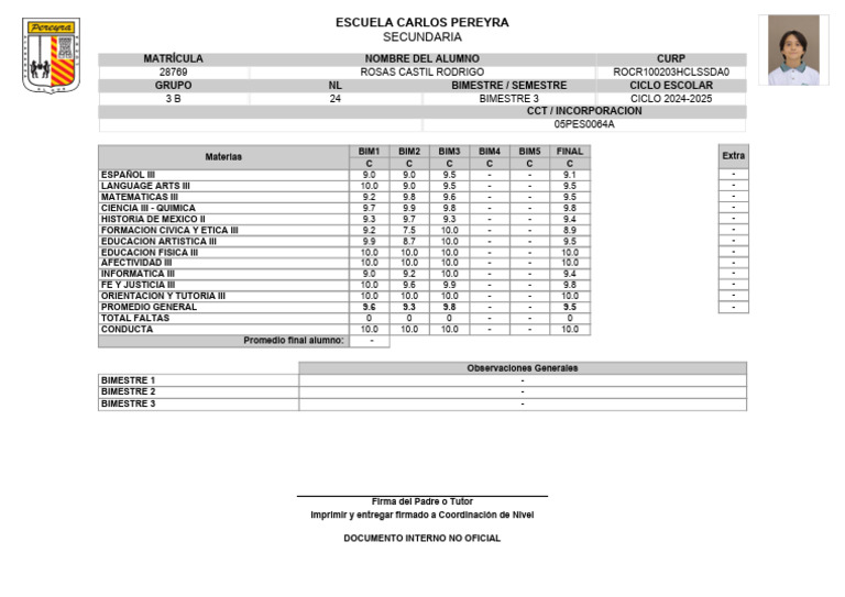 Boleta de Calificaciones Secundaria 2024 | PDF