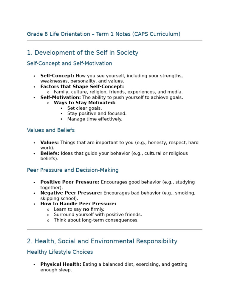 Grade 8 Life Orientation Term 1 Summary | PDF | Self Concept | Psychology