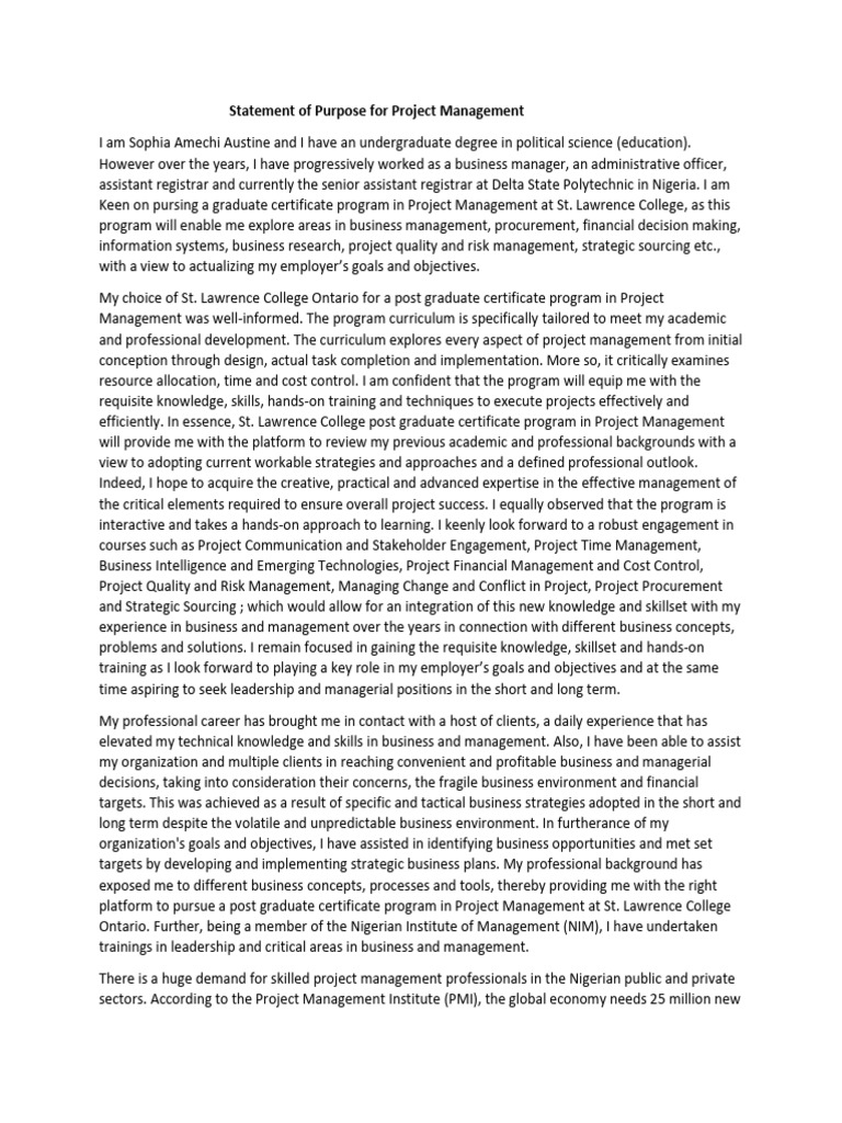 Statement of Purpose For Project Management | PDF | Project Management ...