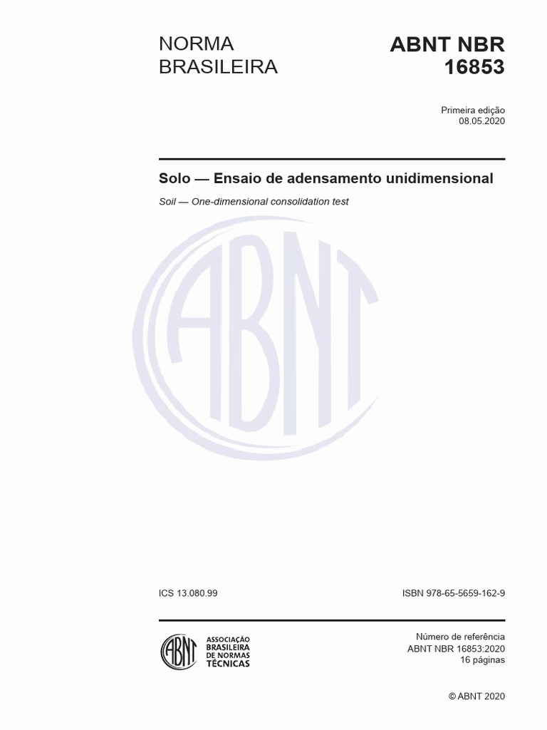 ABNT - NBR - 16853 - 2020 - Solo - Ensaio de Adensamento Unidimensional | PDF | Solo | Massa