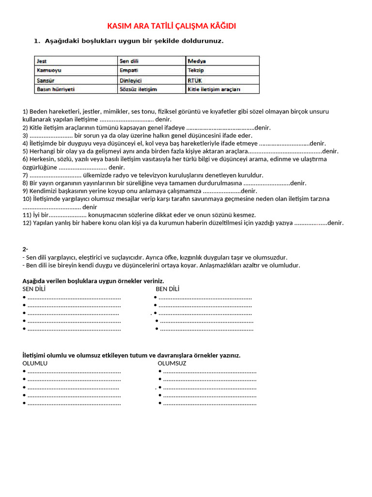 Odev 7. Sinif Kasim Calisma Kagidi | PDF