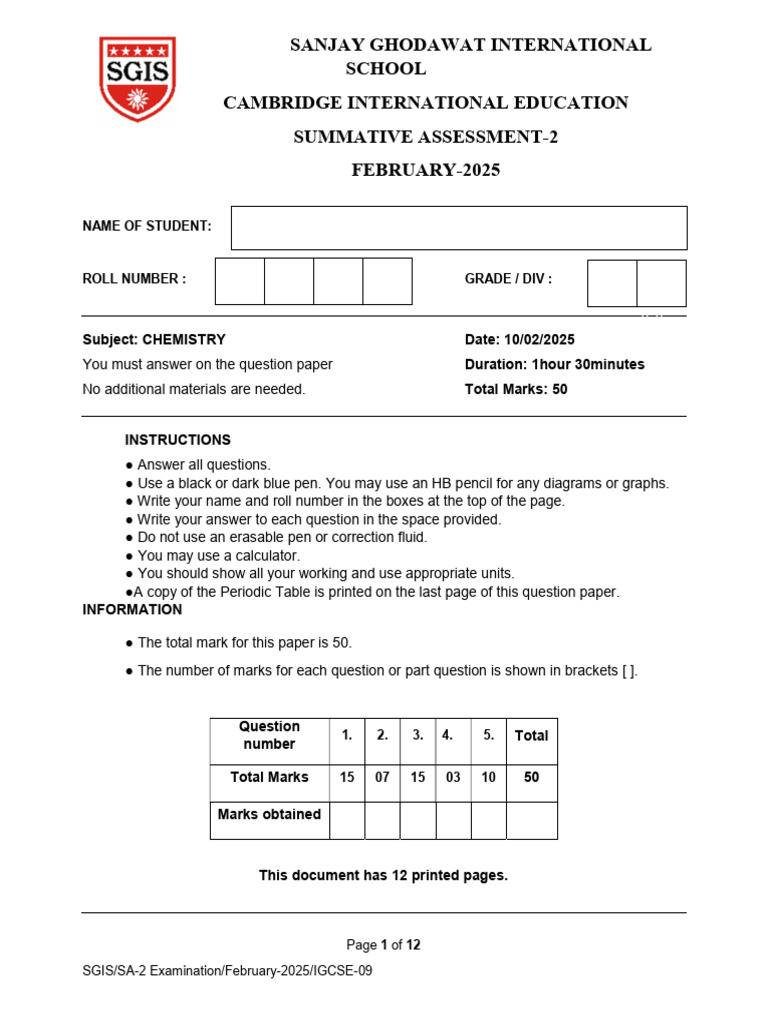 IG-09 SA-2 CHEM QP Set 2 FEB 2025 | PDF | Acid | Chemical Reactions