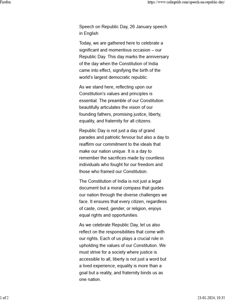 Republic Day Speech: Values & Vision | PDF | Social Equality | Liberty