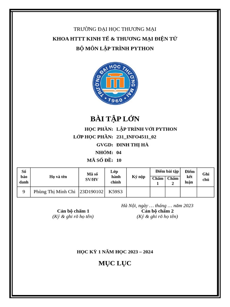 BTL PYTHON NHÓM4 ĐỀ10 | PDF