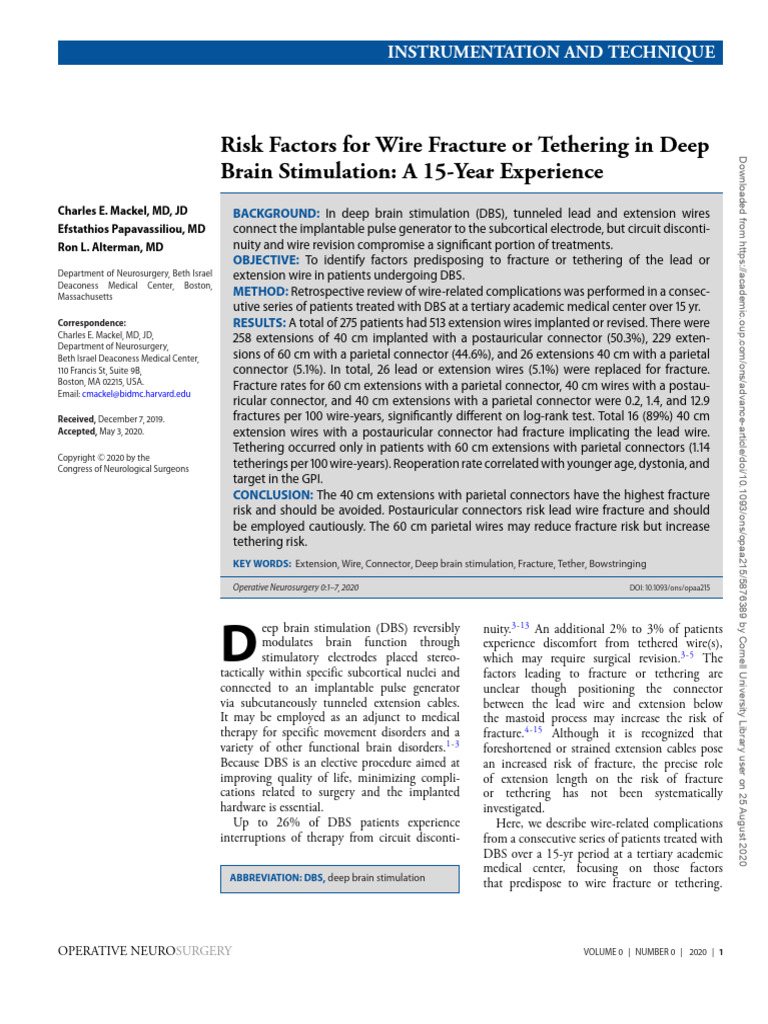 Risk Factors For Wire Fracture or Tethering in Deep | PDF | Deep Brain Stimulation | Medicine