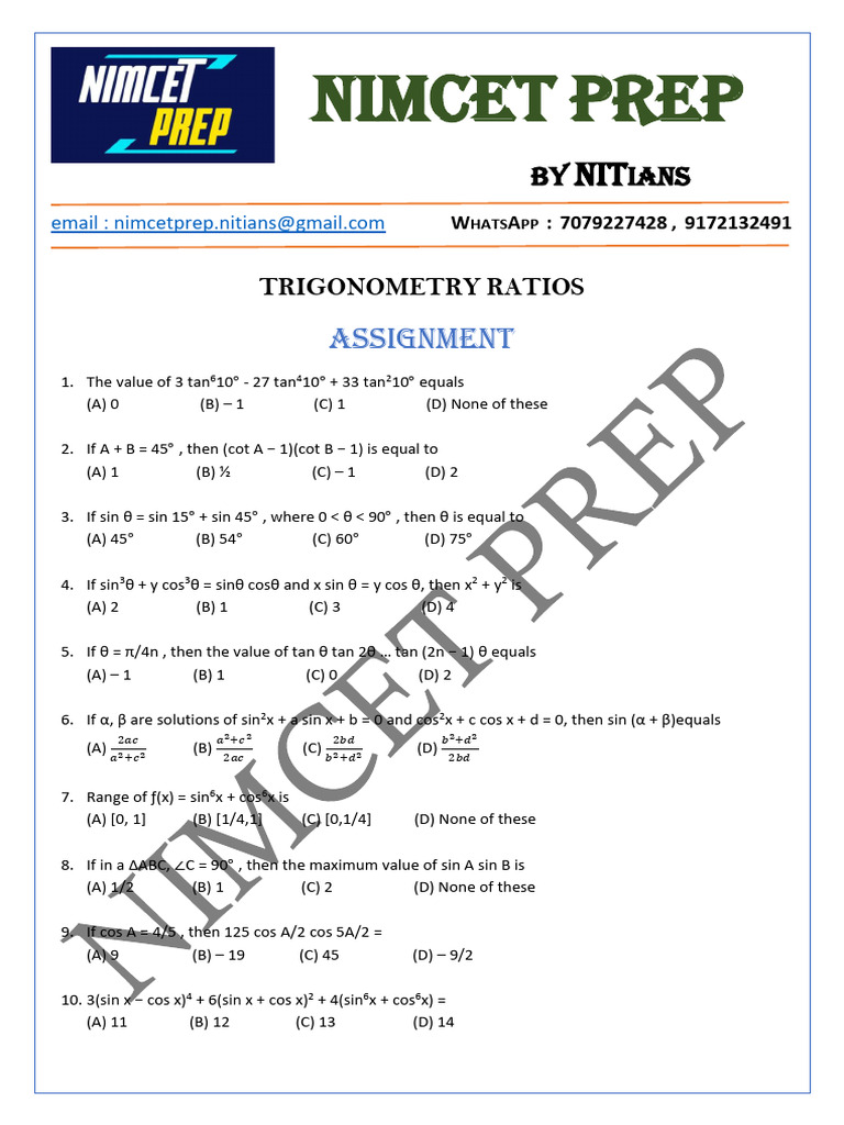 Assignment-E (Trigonometry Ratio) | PDF