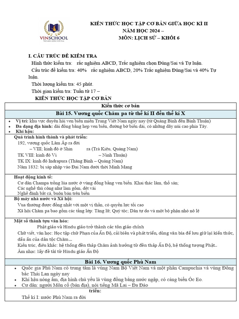 Mon Lich Su - Noi Dung Hoc Tap Giua HK2 - Khoi 6 - 2024 - 2025 | PDF