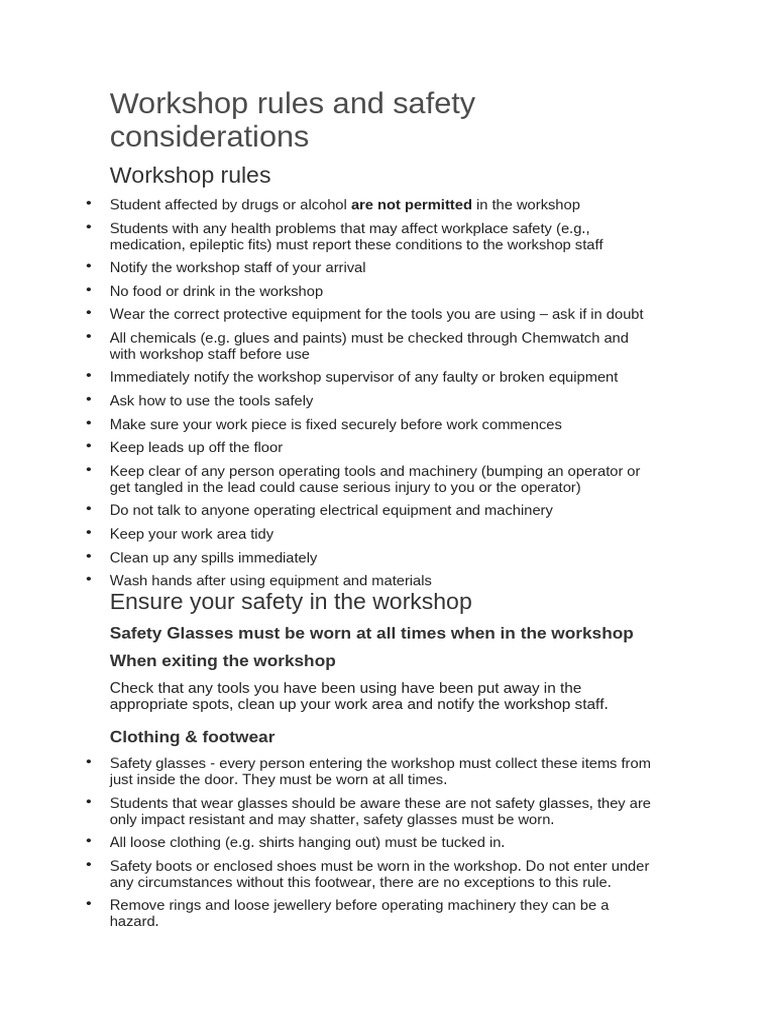 Workshop Rules and Safety Considerations 1 | PDF | Personal Protective ...
