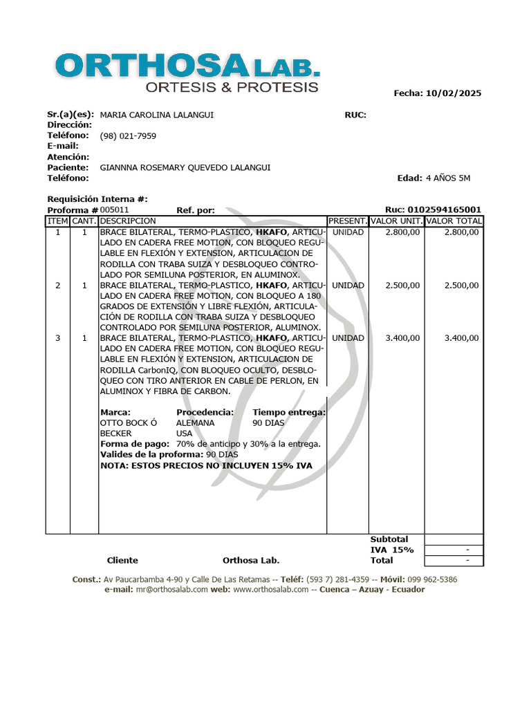 OrthosaLab Proforma 11 | PDF
