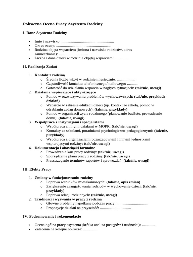 Półroczna Ocena Pracy Asystenta Rodziny | PDF