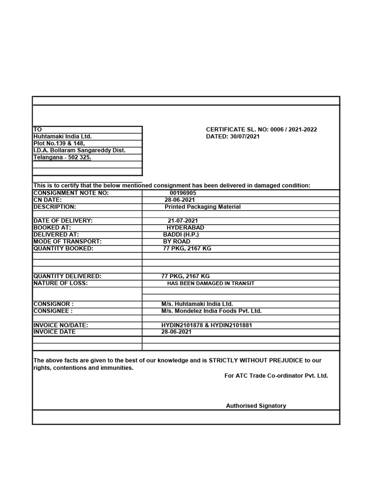 Certificate of Damaged Goods - LR2477 | PDF