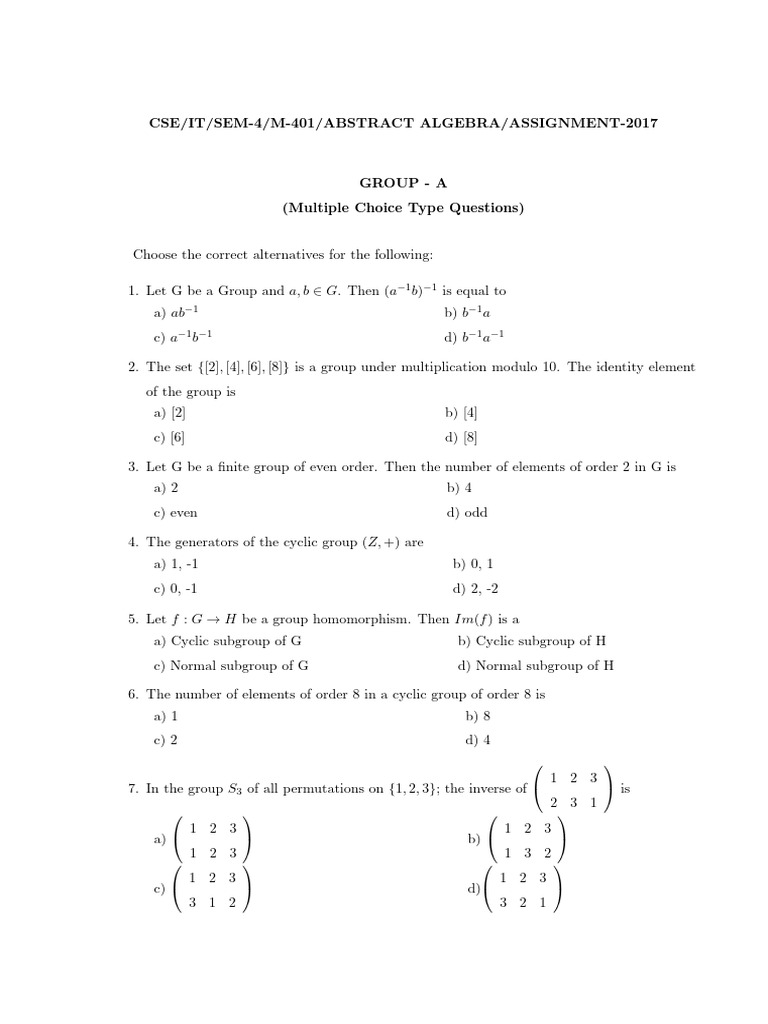 Assignment M401 Abstract Algebra CSIT 2016 230811 221420 | PDF | Group (Mathematics) | Ring ...