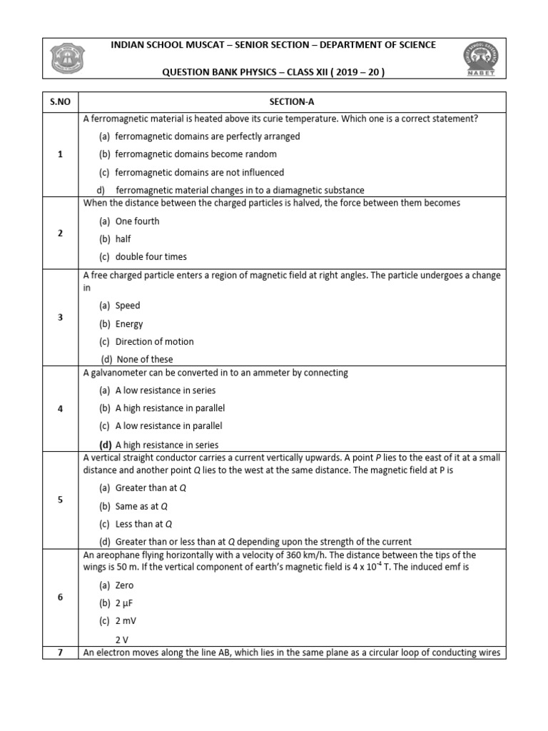 Question Bank - Physics Class Xii-1 | PDF | Inductance | Inductor
