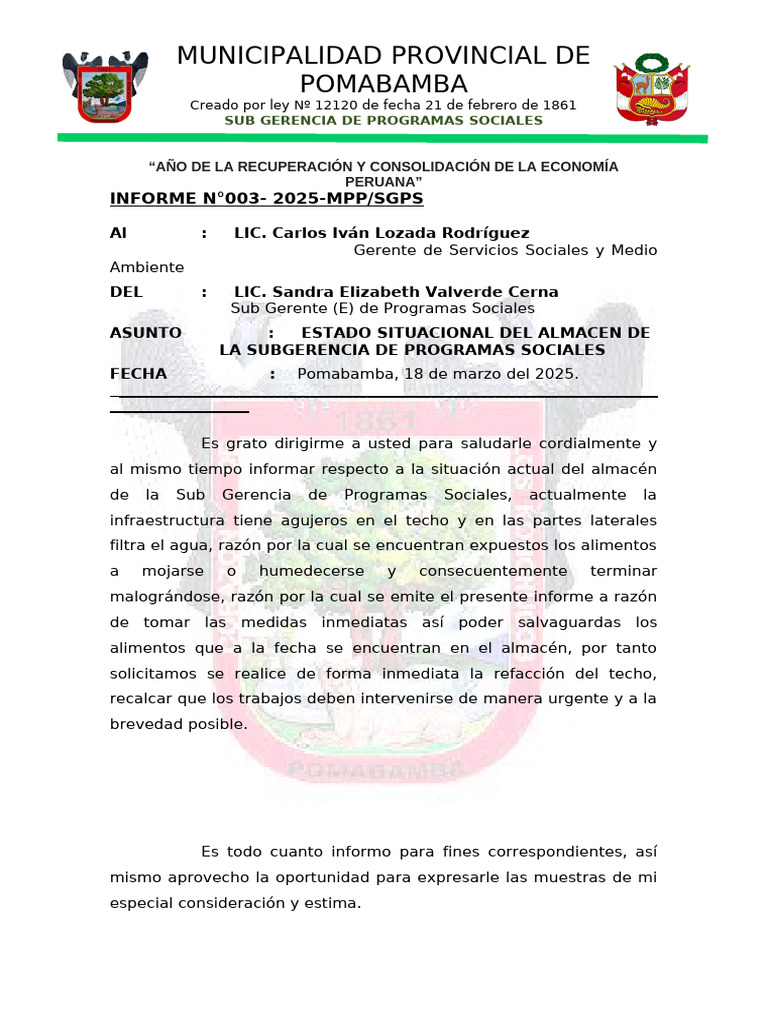 INFORME 003 Informe Situacional Del Almacen | PDF