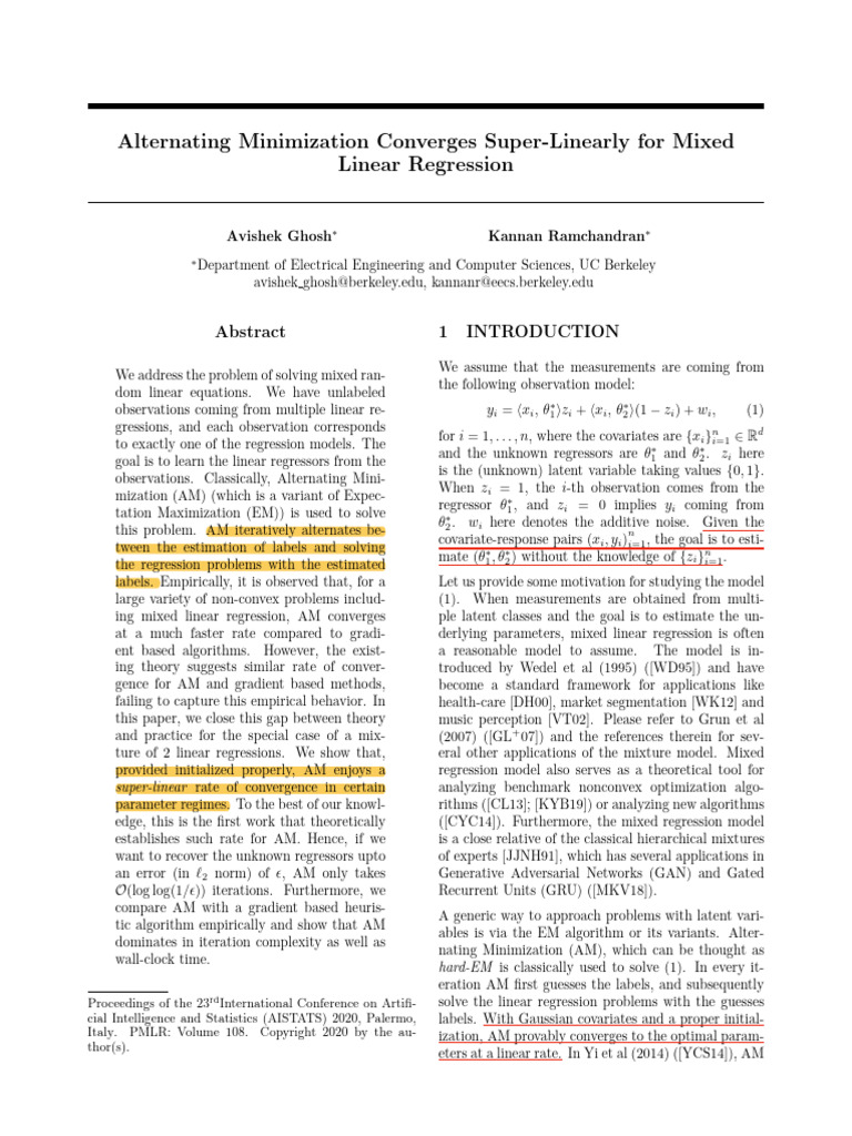 Alternating Minimization Converges Super-Linearly for Mixed Linear Regression | PDF | Linear ...