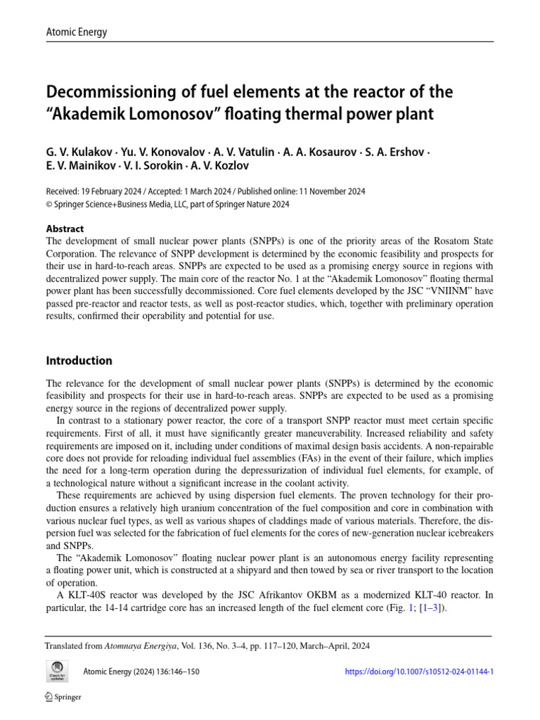 Decommissioning of Fuel Elements at The Reactor of The Akademik | PDF ...