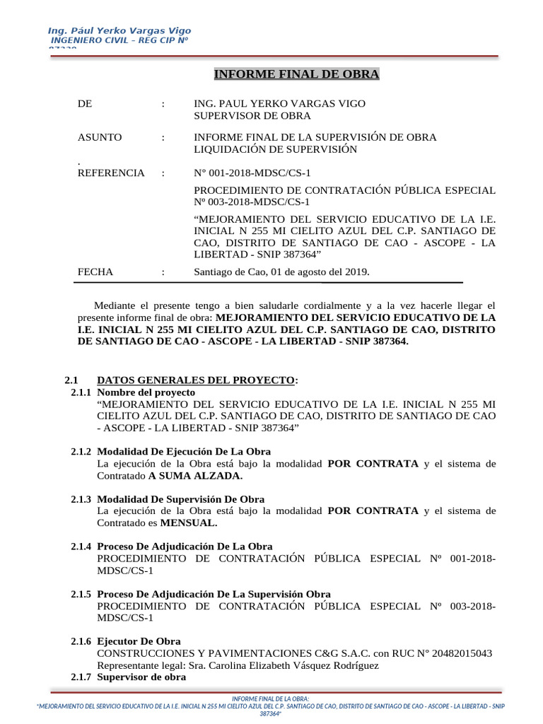 Informe Final de Obra | PDF | Educación de la primera infancia | Carpintería