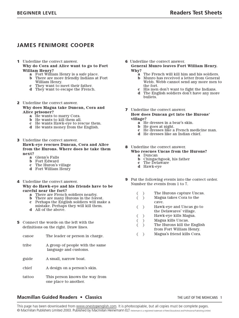 Last of the Mohicans Test Questions | PDF | The Last Of The Mohicans ...