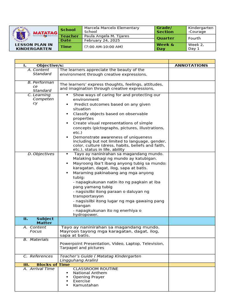 Kindergarten Lesson Plan: Caring for Earth | PDF | Human Communication ...