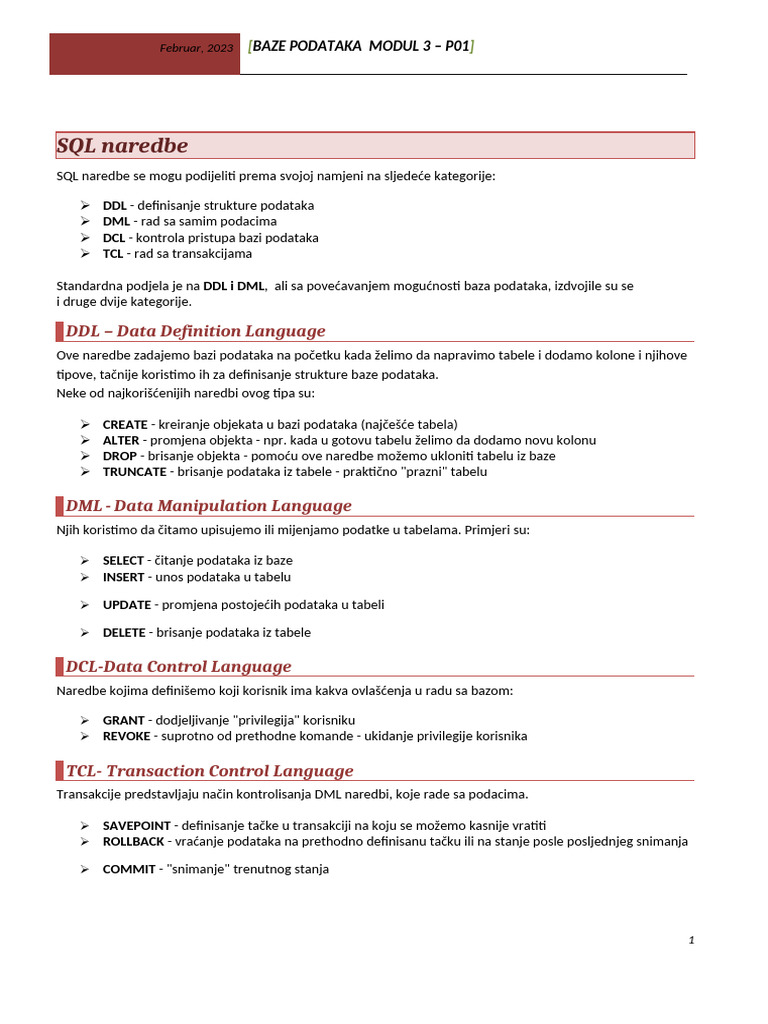 M03 - P01- SQL naredbe DDL | PDF